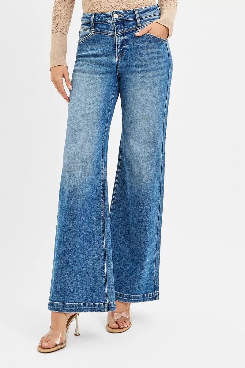 RISEN High Rise Wide Leg Jeans with Front Yoke and Heart Back Pocket ...